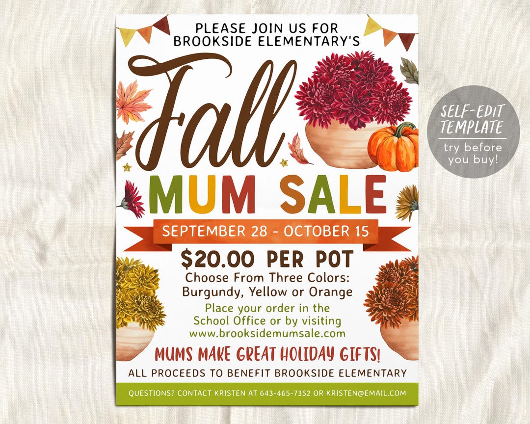 Fall Mum Sale Fundraiser Flyer Editable Template, Potted Flower ...