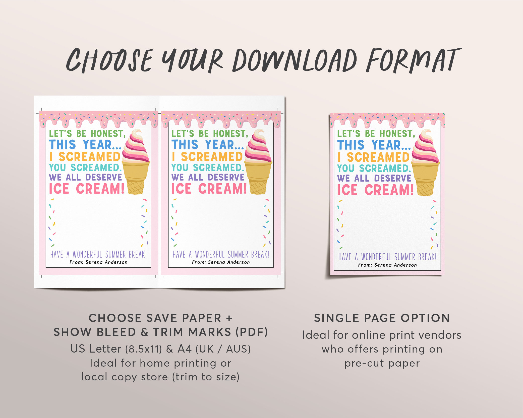 Ice Cream Gift Card Holder Editable Template, Funny Summer Last Day of ...
