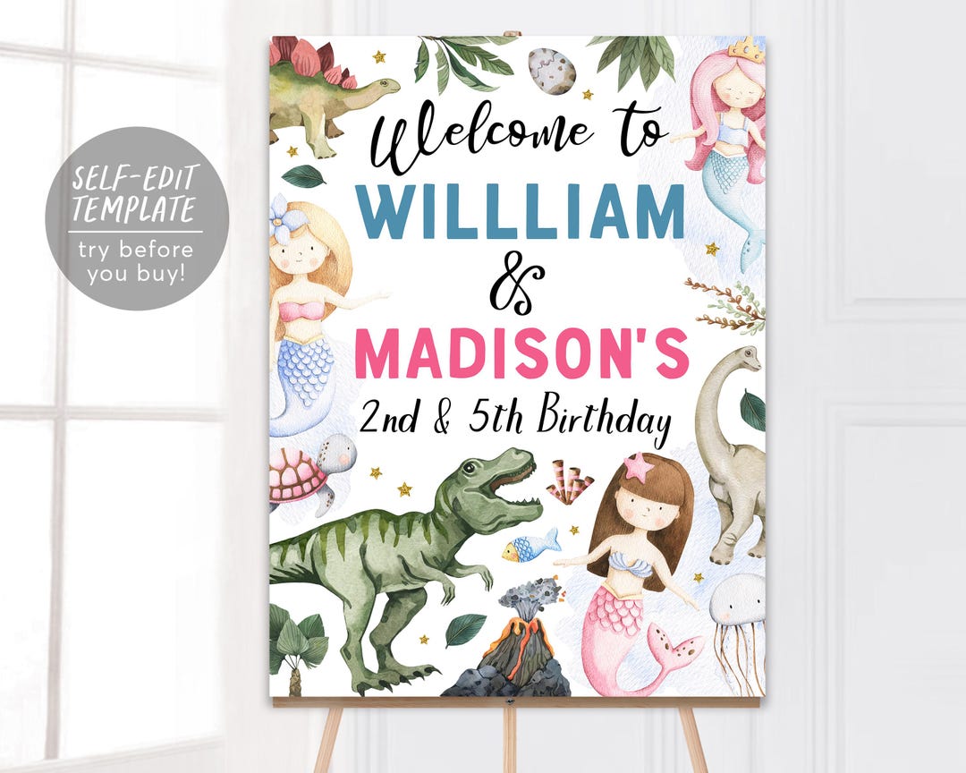Dinosaur and Mermaid Siblings Joint Double Birthday Welcome Sign ...