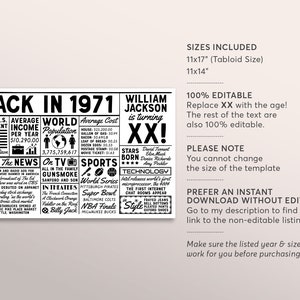 Back in 1971 Printable Placemat Editable Template, Born in 1971 Decor ...