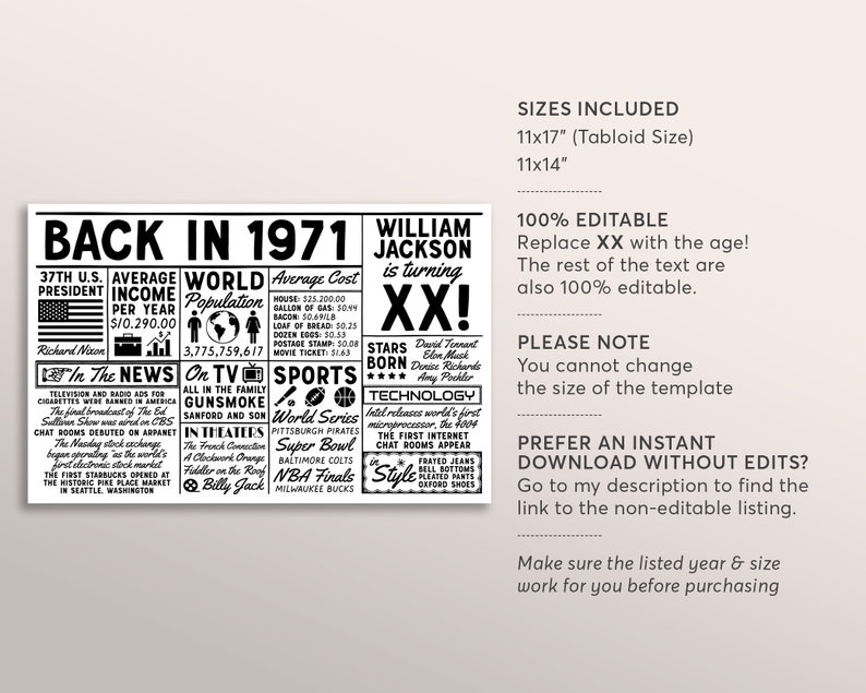 Back in 1971 Printable Placemat Editable Template Born in - Etsy