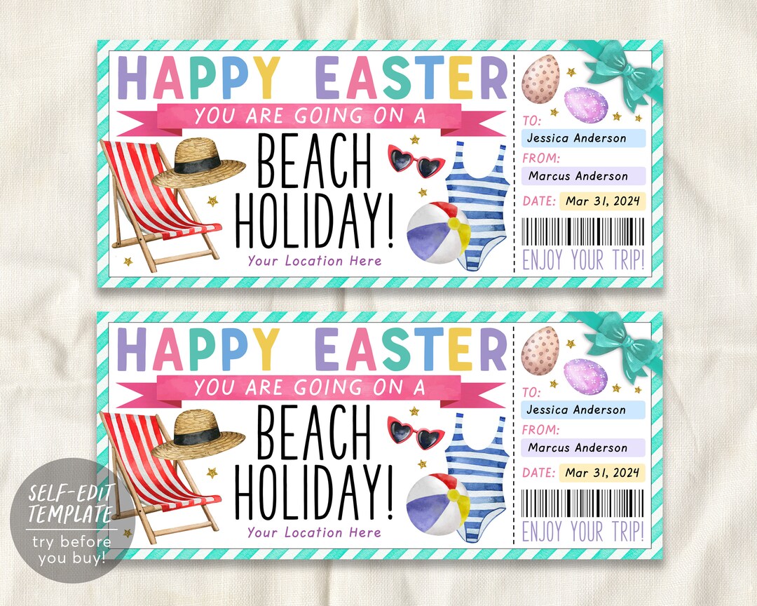 Easter Tropical Beach Vacation Ticket Editable Template, Spring Travel ...