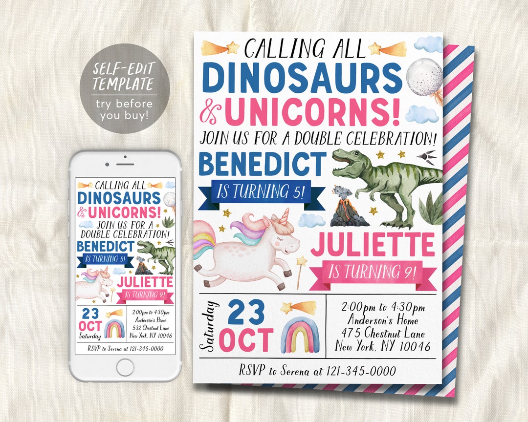 Dinosaurs and Unicorns Joint Siblings Birthday Invitation Editable ...
