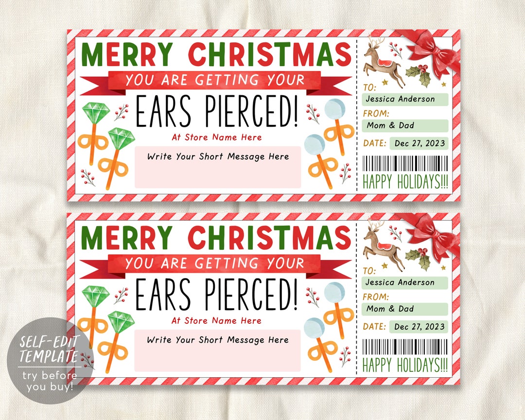 Christmas Ear Piercing Gift Voucher Editable Template, Surprise Gift ...