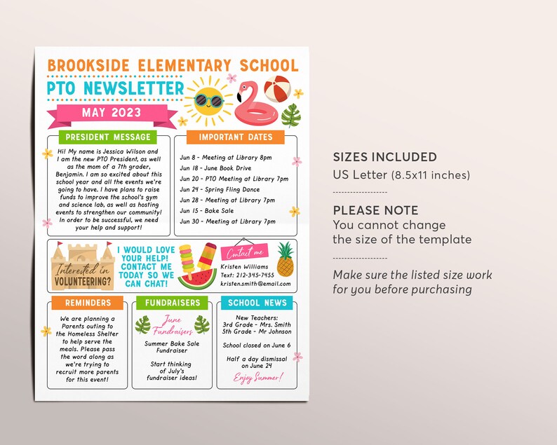 June PTO PTA Newsletter Flyer Editable Template Summer Beach - Etsy