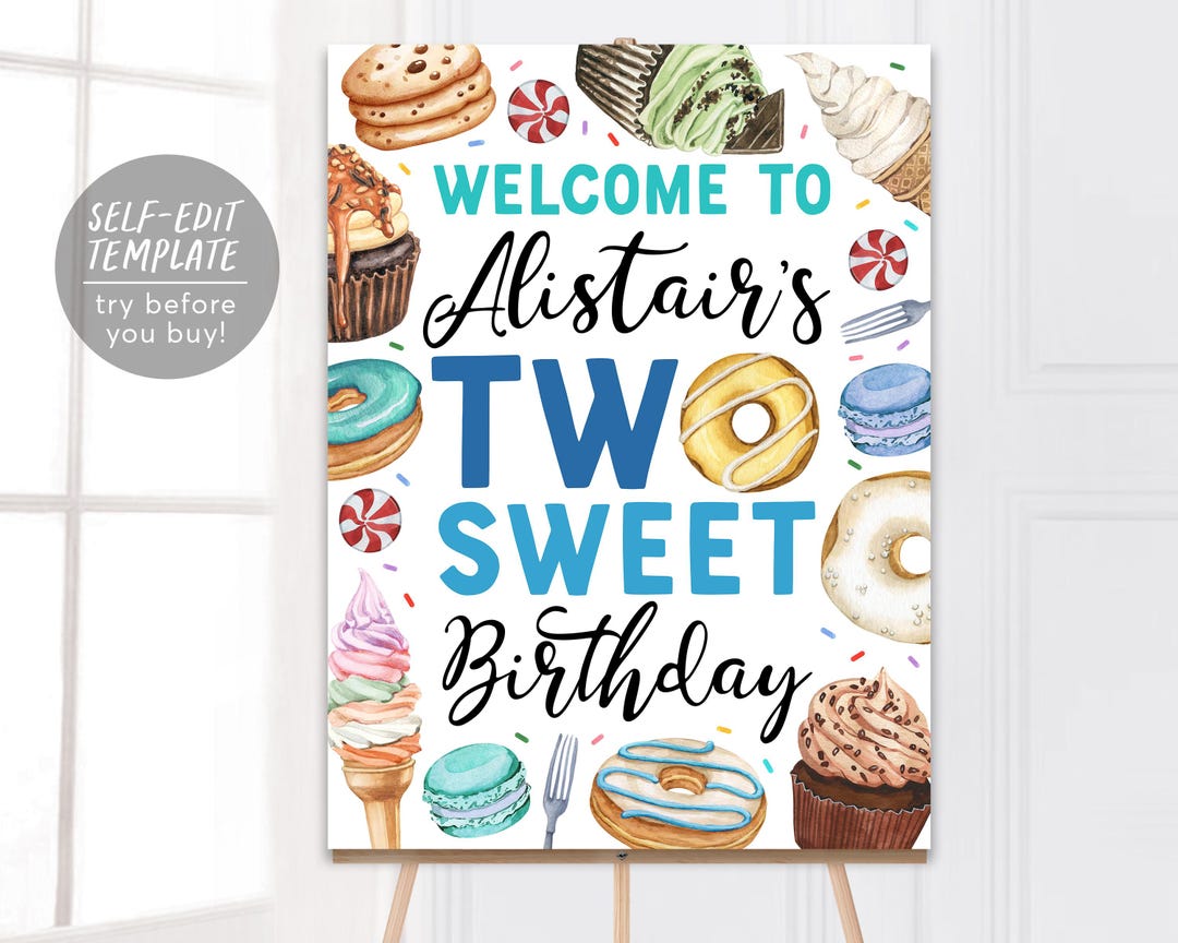 Two Sweet Birthday Welcome Sign Editable Template, Boy Donut 2nd ...