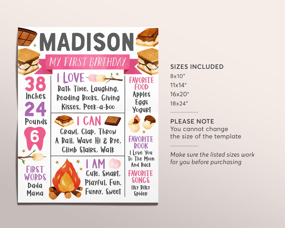 S'mores First Year Milestone Sign Editable Template, Bonfire Smore ...