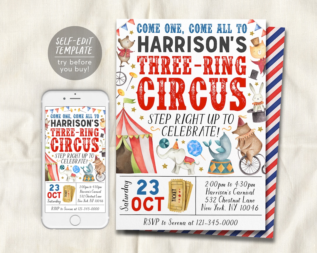 Circus 3rd Birthday Invitation Editable Template, Three Ring Circus ...
