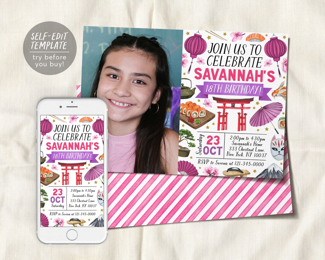 Japanese Themed Birthday Invitation With Photo Editable Template ...