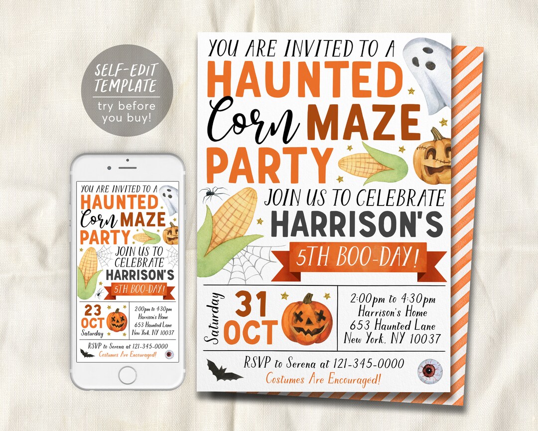 Haunted Corn Maze Birthday Invitation Editable Template, Halloween Corn ...