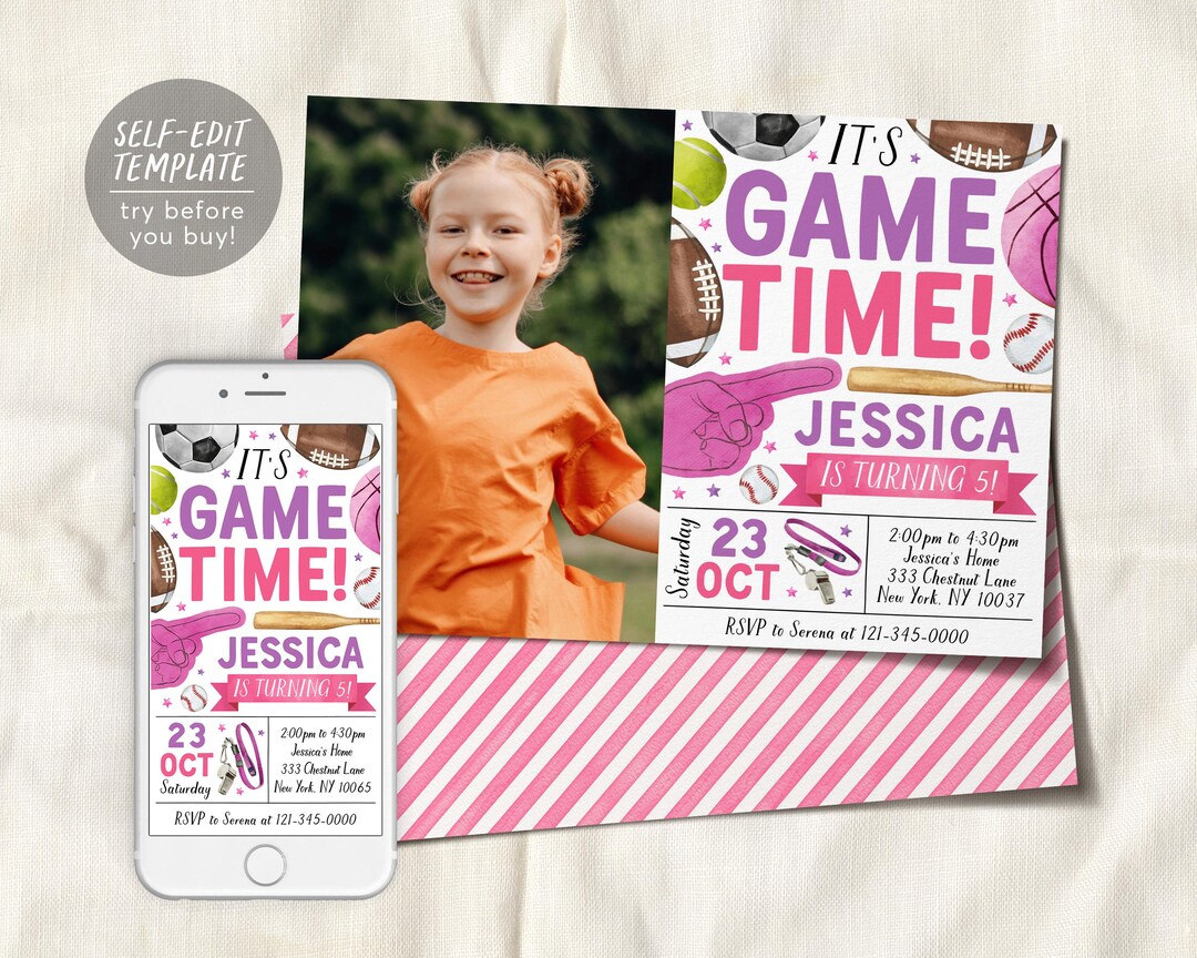 All Star Sports Birthday Invitation With Photo Editable Template, Girl ...