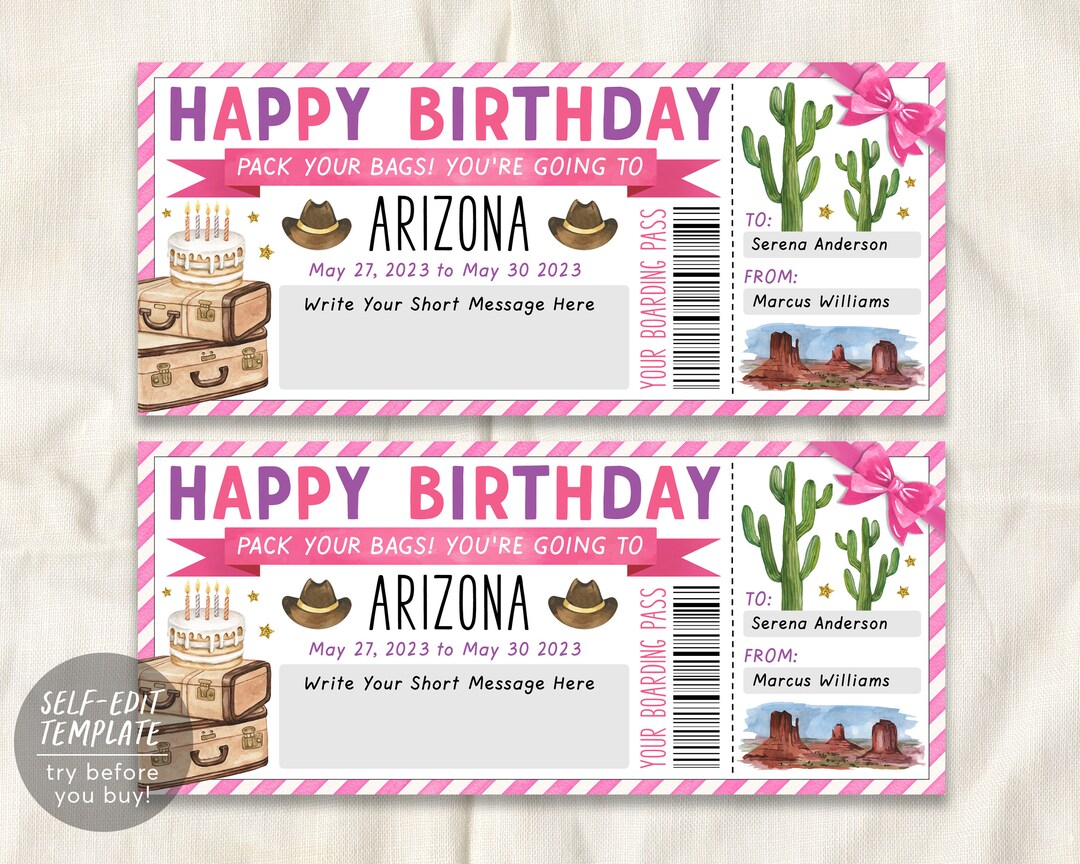 Arizona Trip Ticket Boarding Pass Editable Template, Surprise Birthday ...
