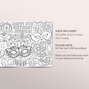Mardi Gras Coloring Placemat for Kids Editable Template, Masquerade ...