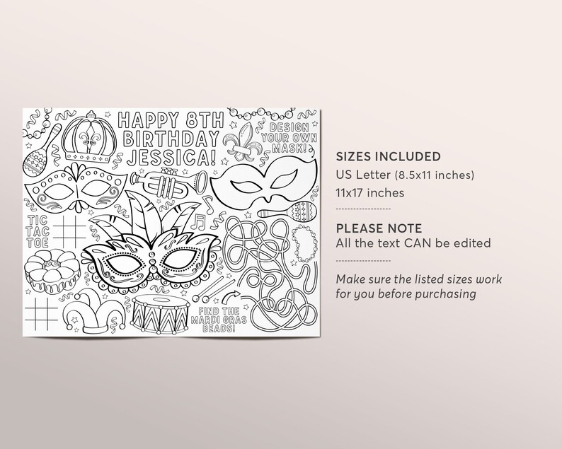 Mardi Gras Coloring Placemat for Kids Editable Template, Masquerade ...
