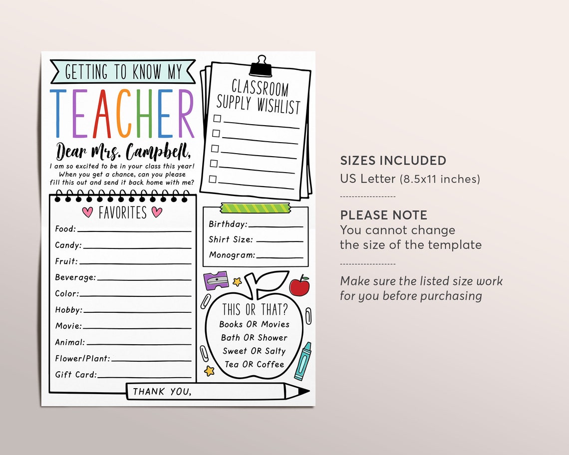 Favorites Teacher Survey Editable Template, Getting to Know My Teacher ...