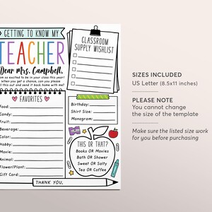 Favorites Teacher Survey Editable Template, Getting to Know My Teacher ...