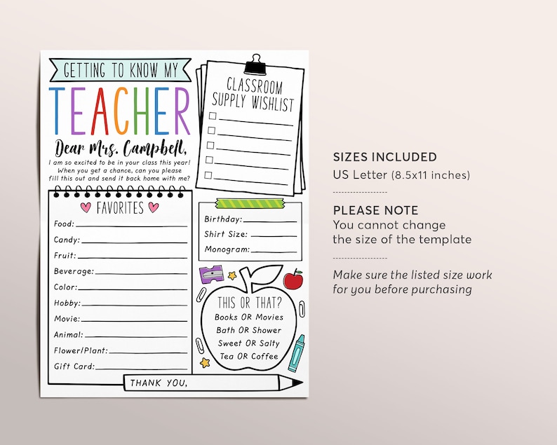 Favorites Teacher Survey Editable Template, Getting to Know My Teacher ...