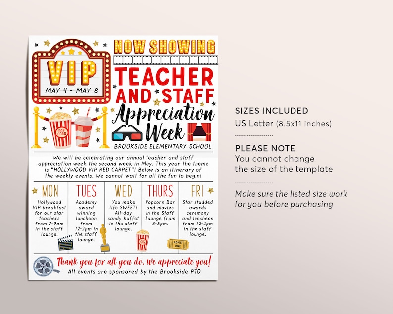 Hollywood Theme Teacher Staff Appreciation Week Itinerary Flyer ...