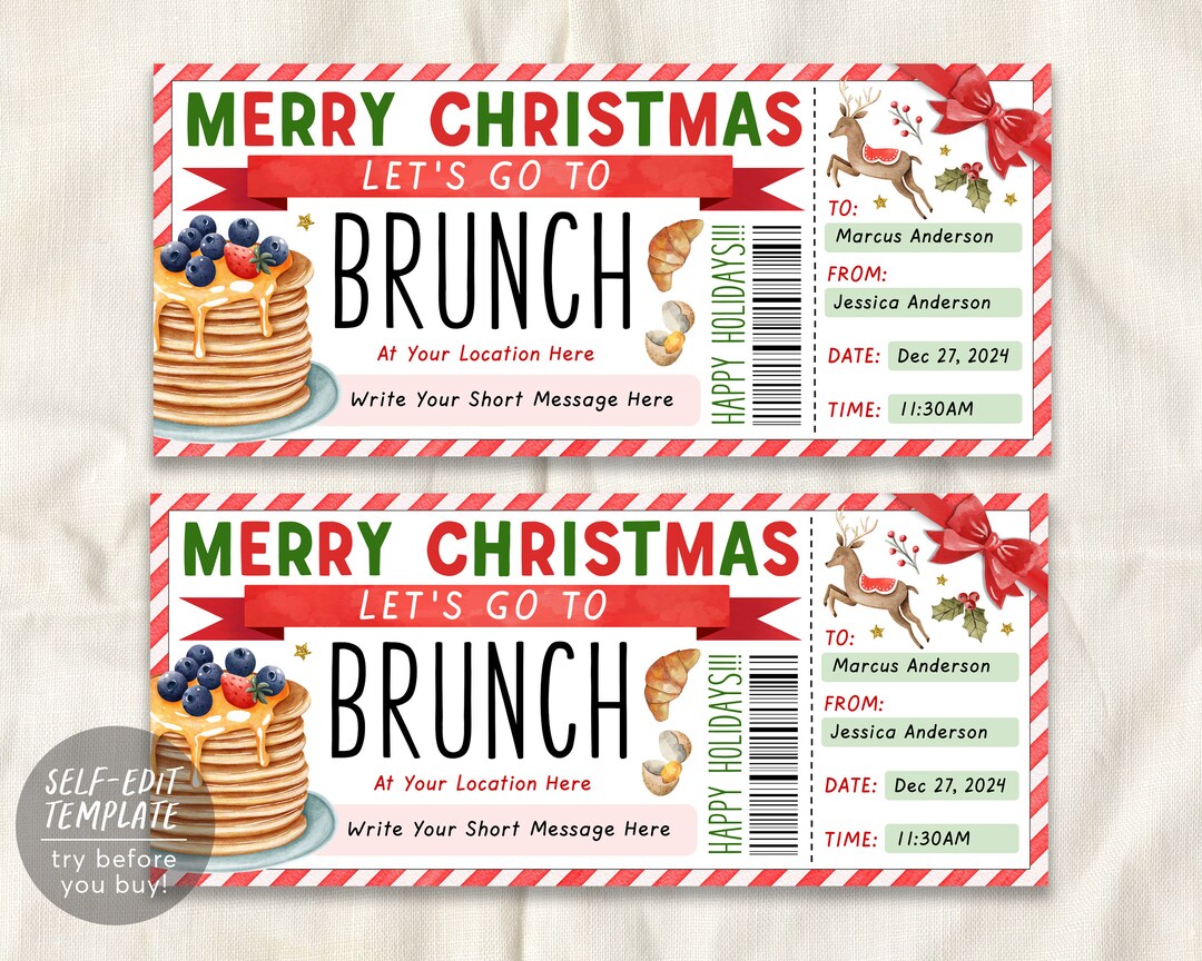 Christmas Brunch Coupon Ticket Editable Template, Surprise Xmas Lunch ...