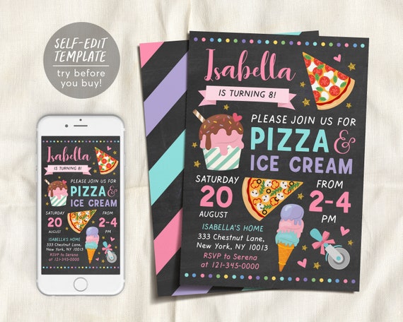 Pizza and Ice Cream Birthday Party Invitation Editable - Etsy