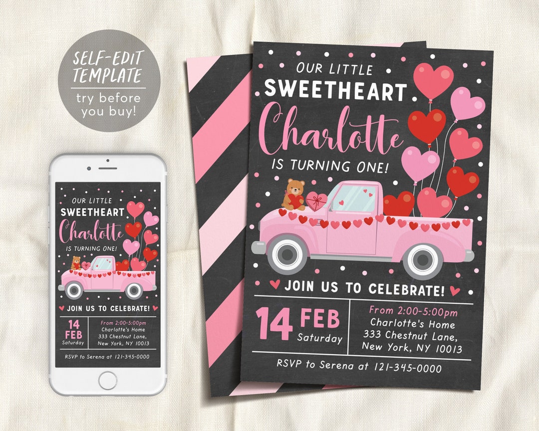 Valentine Birthday Invitation Editable Template, Sweetheart Girl ...