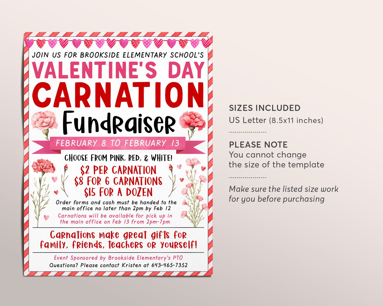 Valentine's Day Carnation Flower Fundraiser Flyer Editable Template ...