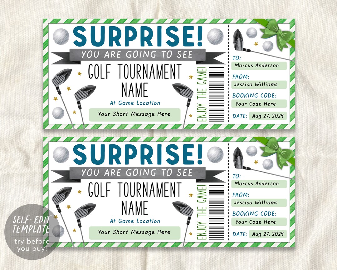 Golf Tournament Gift Ticket Editable Template, Surprise Golfing Golf ...