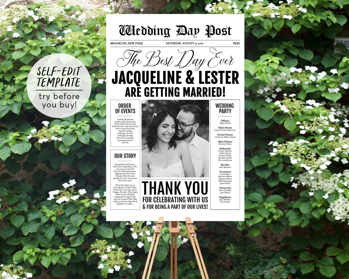 Newspaper Wedding Welcome Sign Template Editable Wedding | Etsy