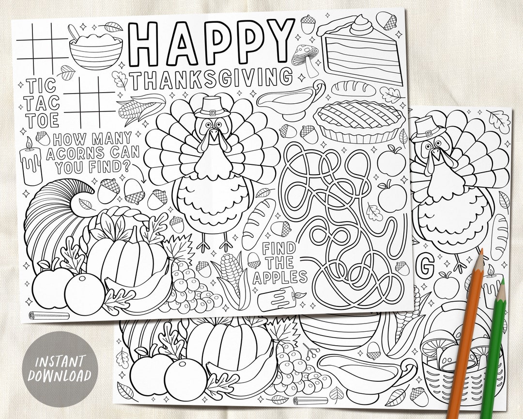 Thanksgiving Coloring Pages Placemat for Kids and Adults, Fall Autumn ...