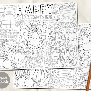 Thanksgiving Coloring Pages Placemat for Kids and Adults, Fall Autumn ...