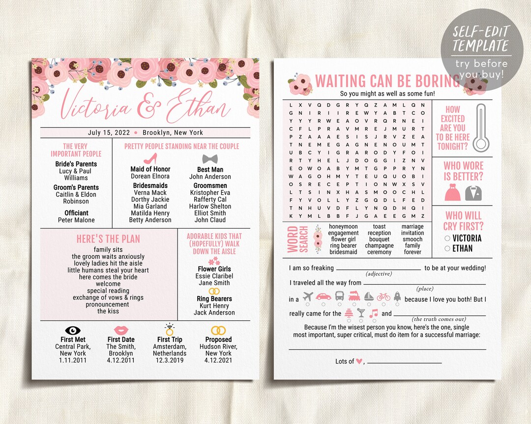 Fun Infographic Wedding Program Template, Blush Floral Template, Word ...