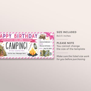 Camping Trip Ticket Editable Template, Birthday Weekend Trip Reveal ...