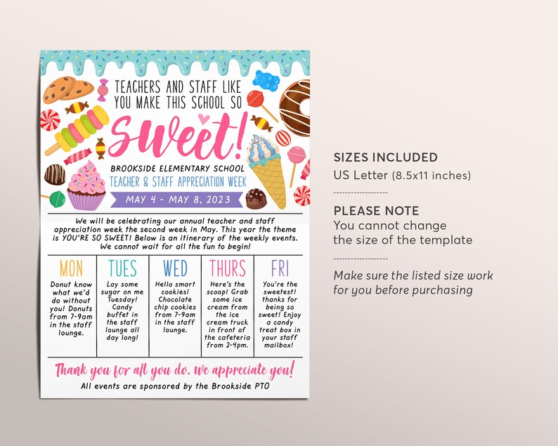 Sweet Candy Theme Teacher Appreciation Week Schedule Editable Template ...