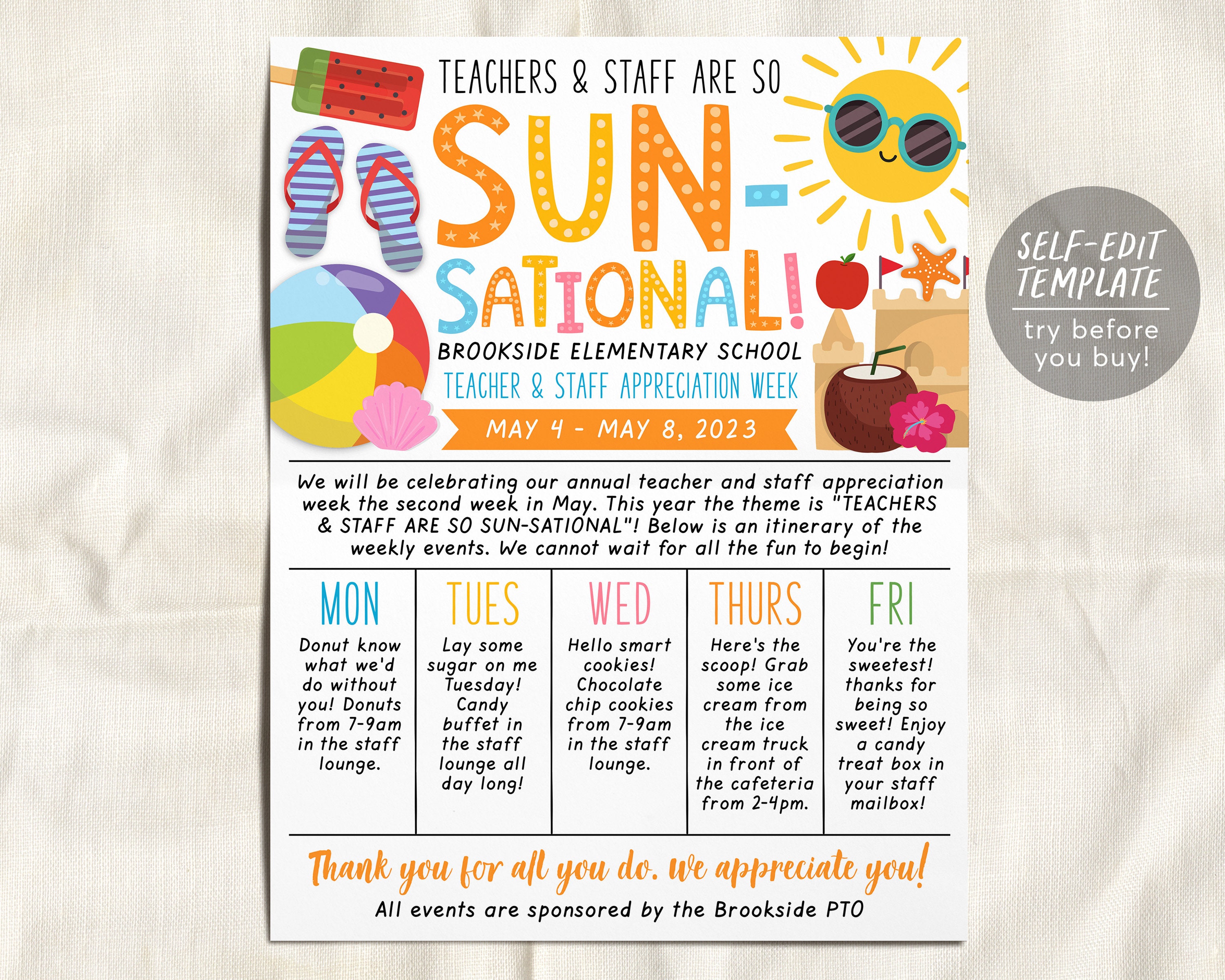 Beach Theme Teacher Staff Appreciation Week Itinerary Flyer Editable ...