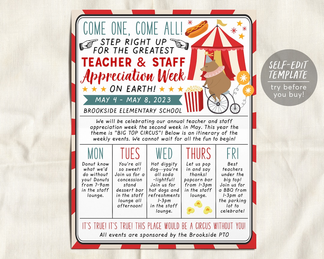 Circus Theme Teacher Appreciation Week Schedule Editable Template, Big ...