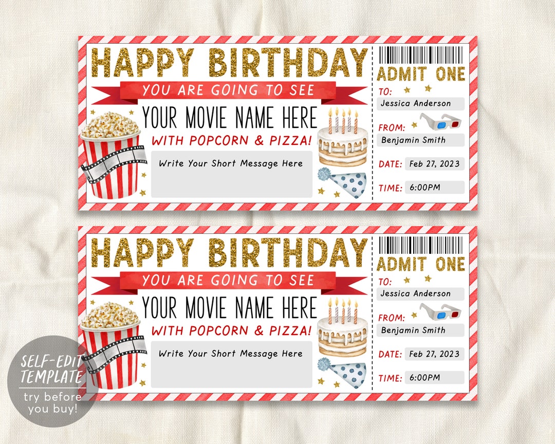Movie Ticket Birthday Invitation Editable Template, Surprise Movie ...