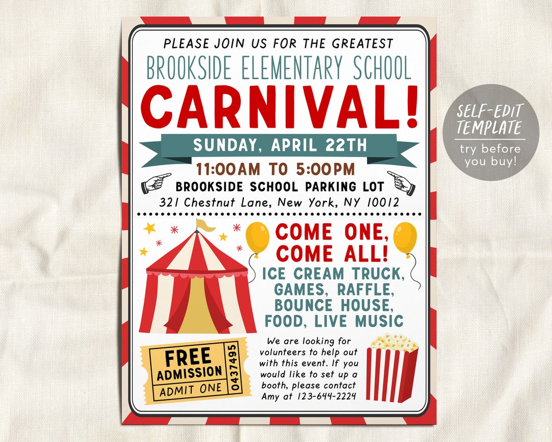 Carnival Fair Event Flyer Editable Template, Family Carnival School PTA ...