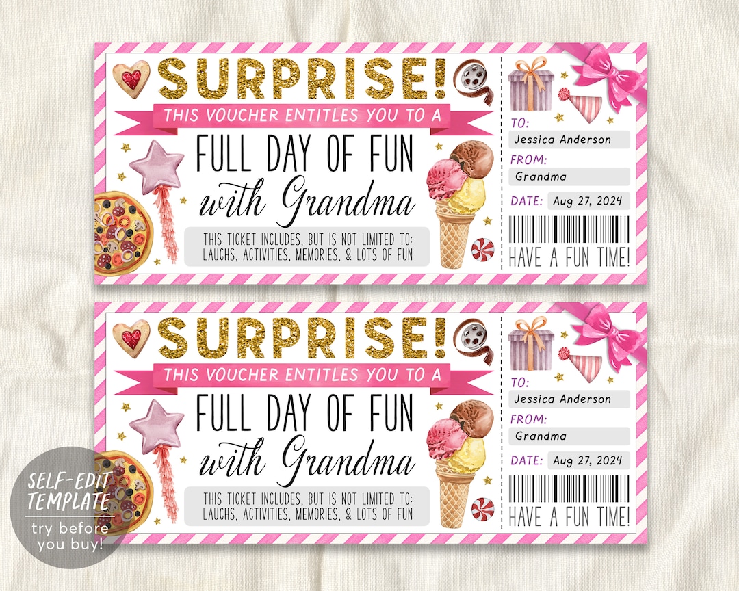 Fun Day Ticket Editable Template, Surprise Day of Fun With Grandma Gift ...