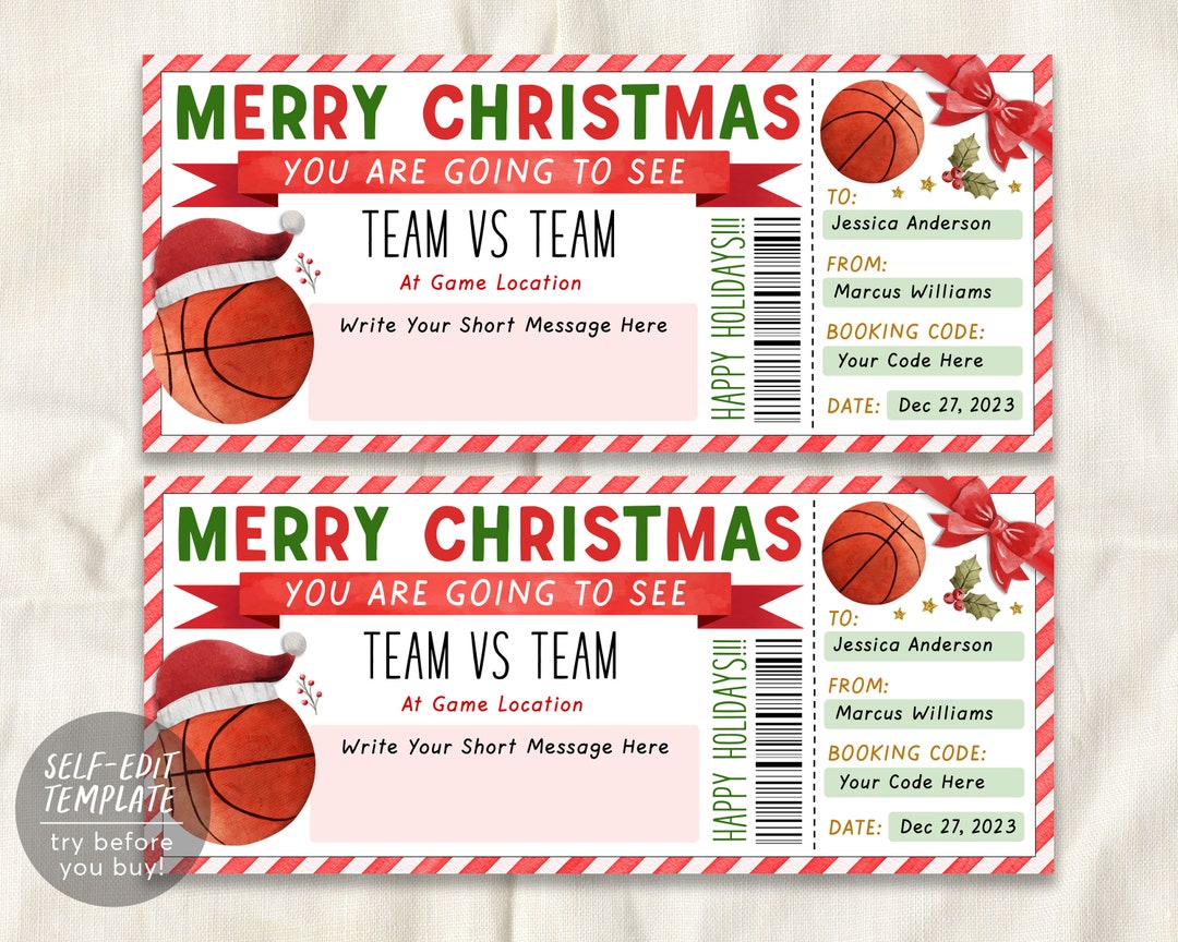 Basketball Game Christmas Gift Ticket Editable Template, Christmas ...