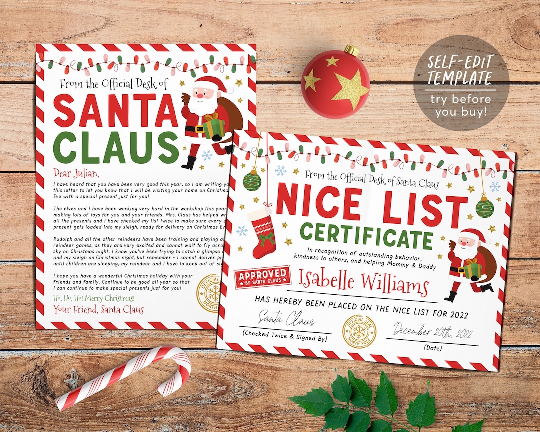 BUNDLE Approved Letter From Santa, Santa's Nice List Certificate ...