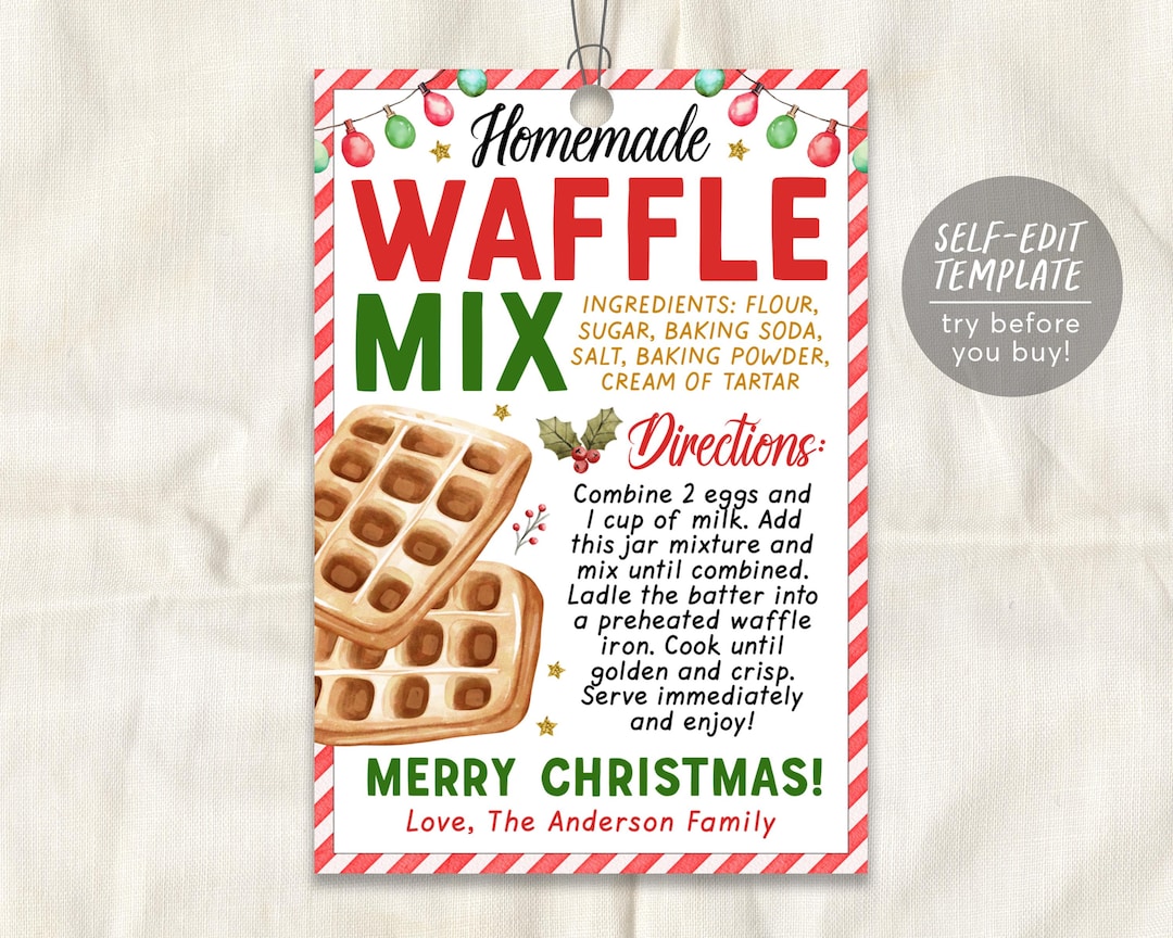 Waffle Mix in a Jar Gift Tag Editable Template, Christmas Waffle Recipe ...
