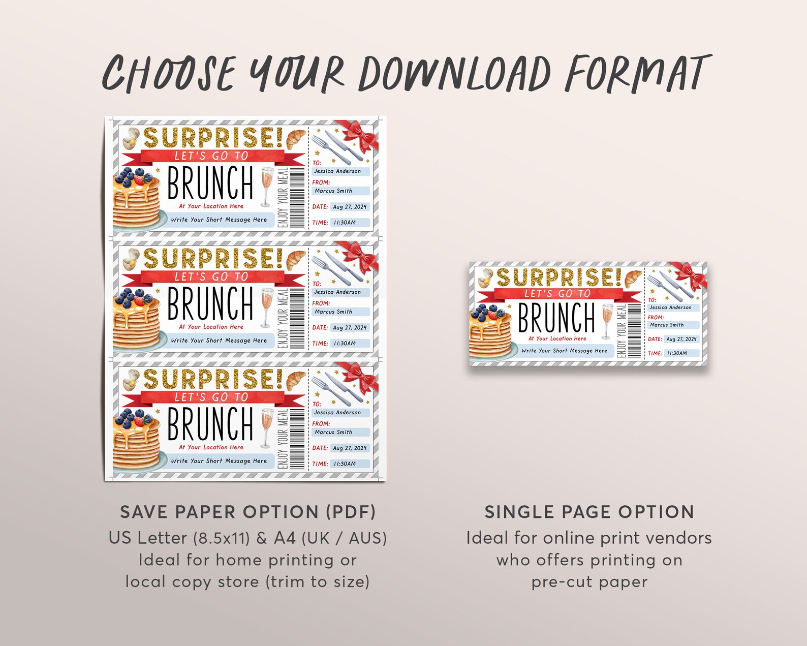 Brunch Coupon Ticket Editable Template, Surprise Lunch Luncheon Gift ...
