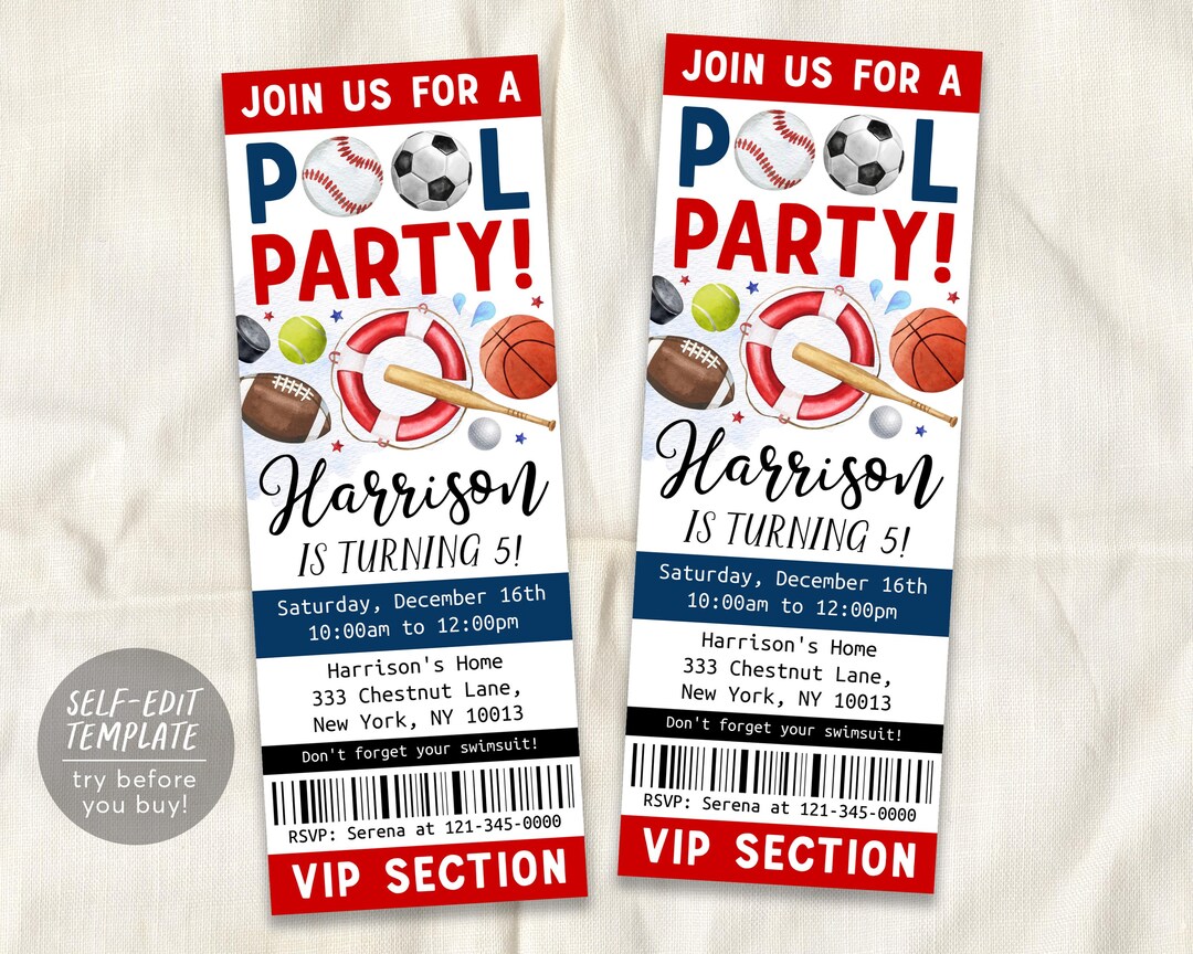 Sports Pool Party Birthday Ticket Invitation Editable Template, All ...