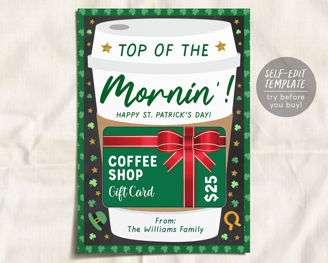 St. Patrick's Day Coffee Gift Card Holder Editable Template, Shamrock ...