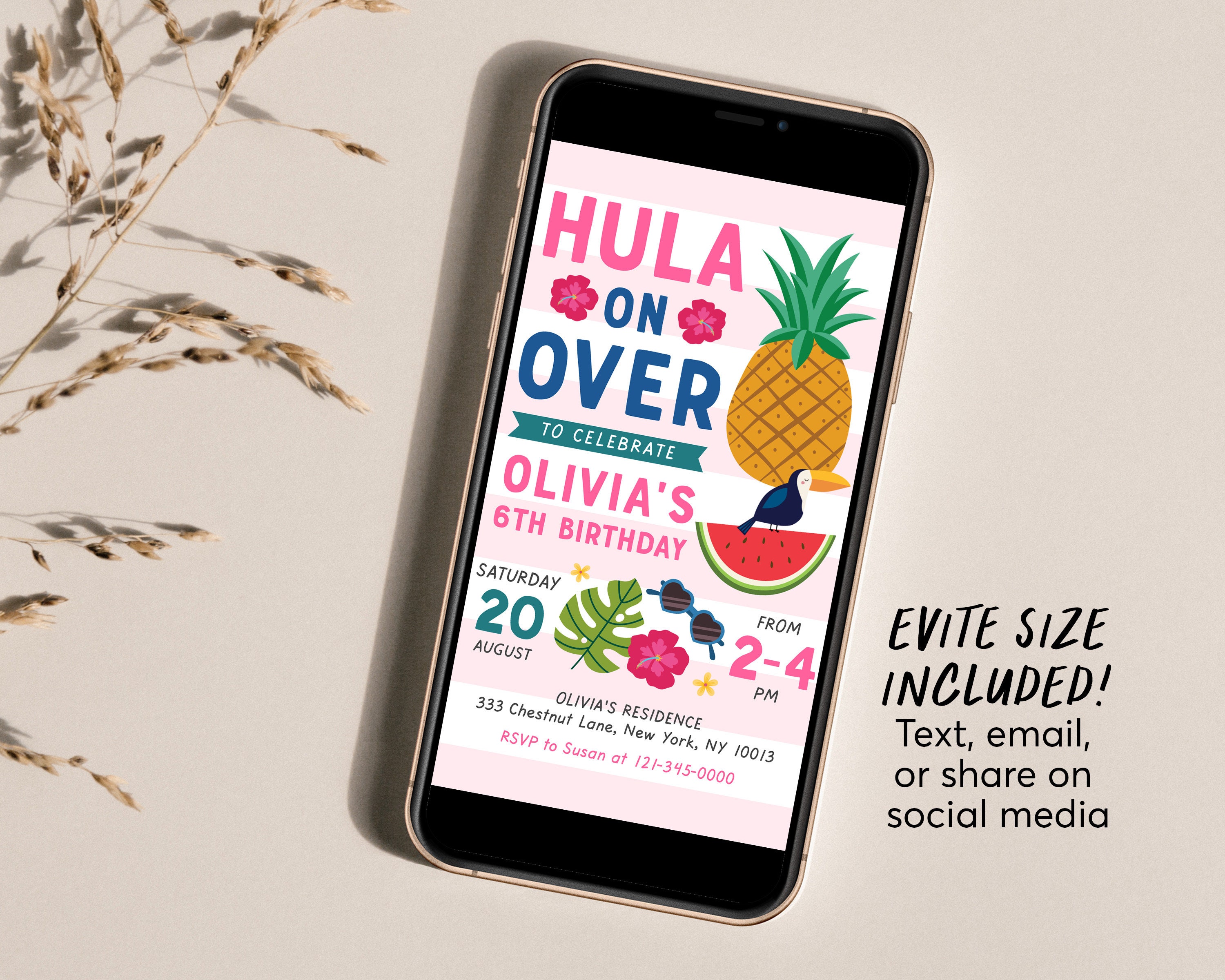 Hawaiian Luau Pineapple Hula on Over Party Invitation Editable Template ...