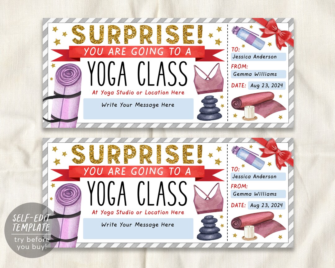 Yoga Classes Ticket Editable Template, Birthday Yoga Studio Membership ...