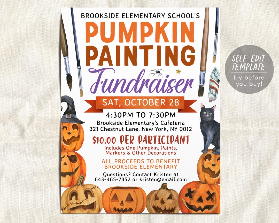 Pumpkin Painting Fundraiser Flyer Editable Template, Halloween Night ...
