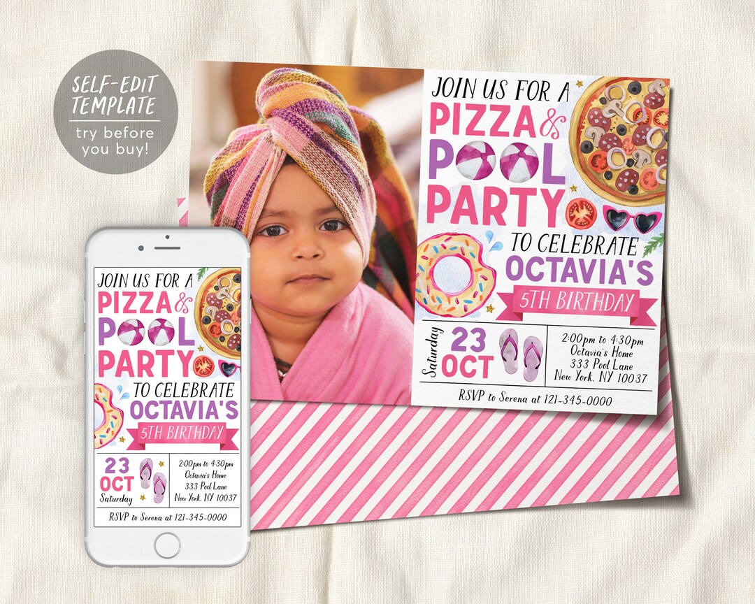 Pizza Pool Party Birthday Invitation With Photo Editable Template ...