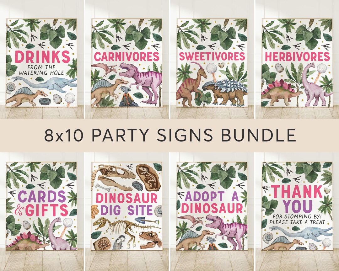 Dinosaur Party Signs Bundle, Dino Themed Birthday Signs Decor, Girl ...