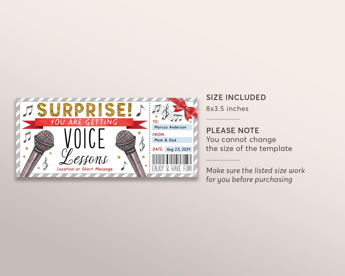 Voice Lessons Gift Certificate Editable Template, Surprise Singing ...